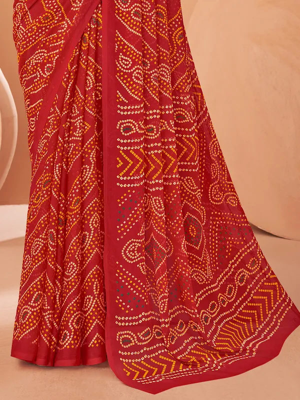 Red bandhani printed chiffon saree with unstitched blouse-G3-WSA61766