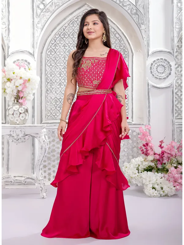 Red chiffon palazzo suit with ruffle dupatta-G3-GSS3577