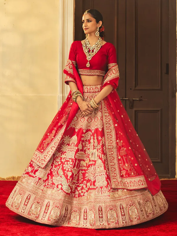 Red raw silk lehenga choli for weddings-G3-WLC17747 | United Kingdom
