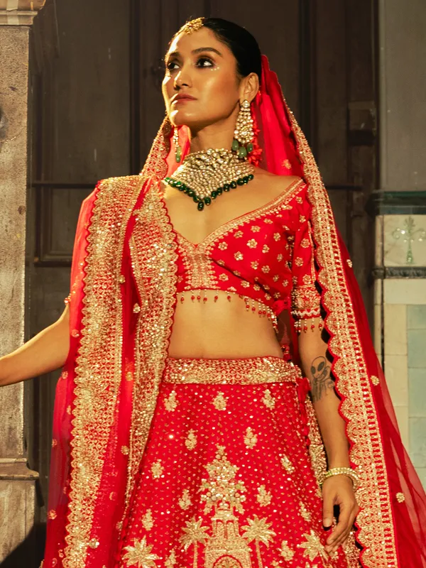 Red raw silk lehenga choli with ornate detailing-G3-WLC17745