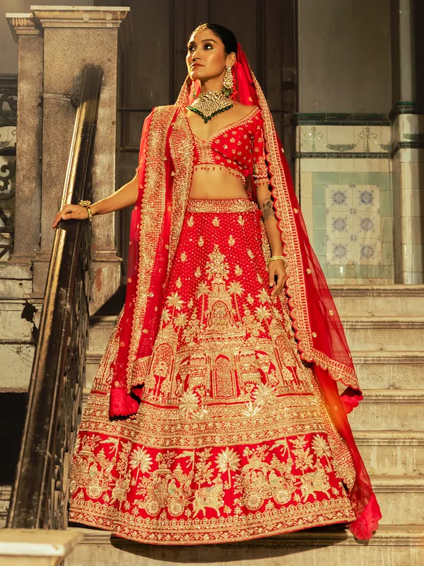 Red raw silk lehenga choli with ornate detailing-G3-WLC17745