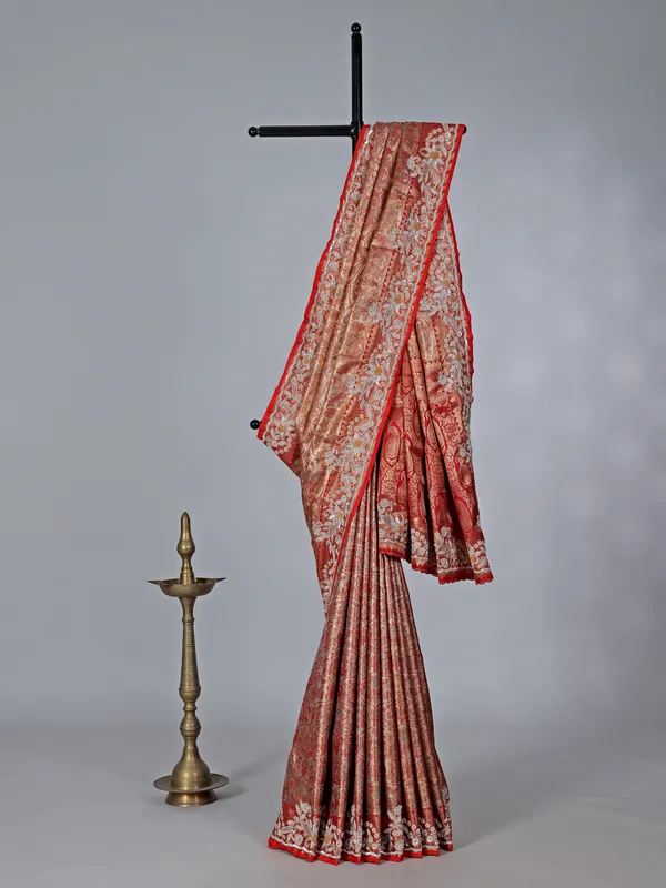 Red semi kanjivaram silk saree with diamond work-G3-WSA61954
