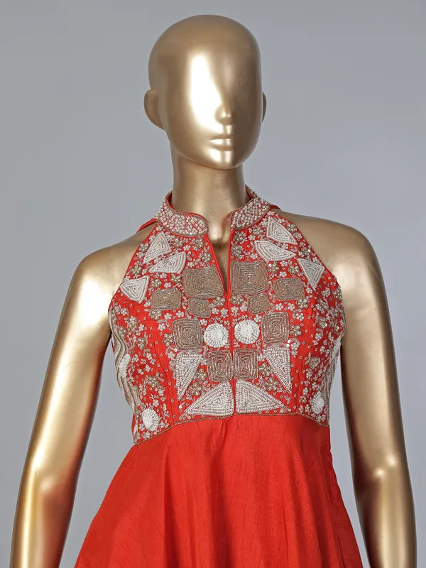 Rust orange designer silk dhoti suit with embellished...