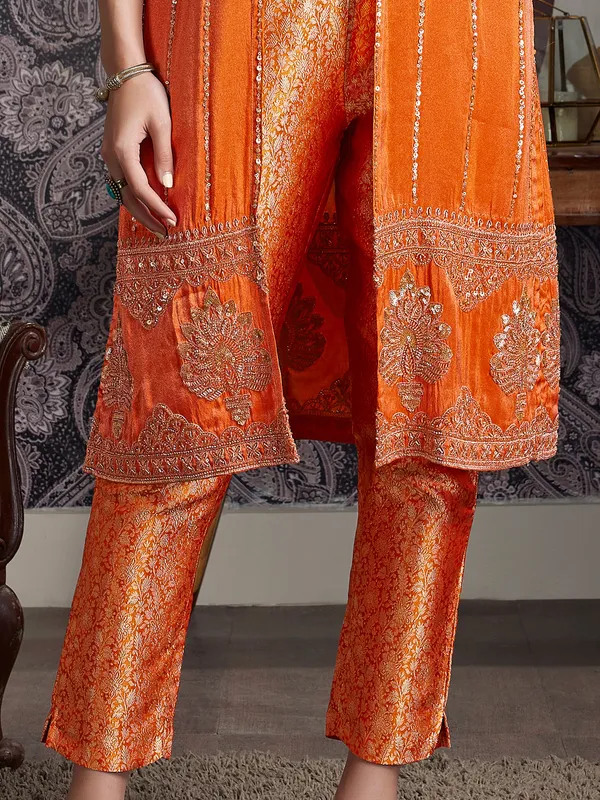Rust orange tissue silk jacket salwar suit-G3-WSS44934 | United States