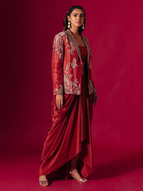 Rust red satin silk indo western suit with jacket-G3-WSS44870