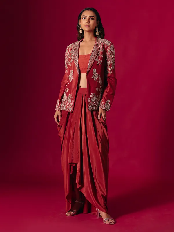 Rust red satin silk indo western suit with jacket-G3-WSS44870