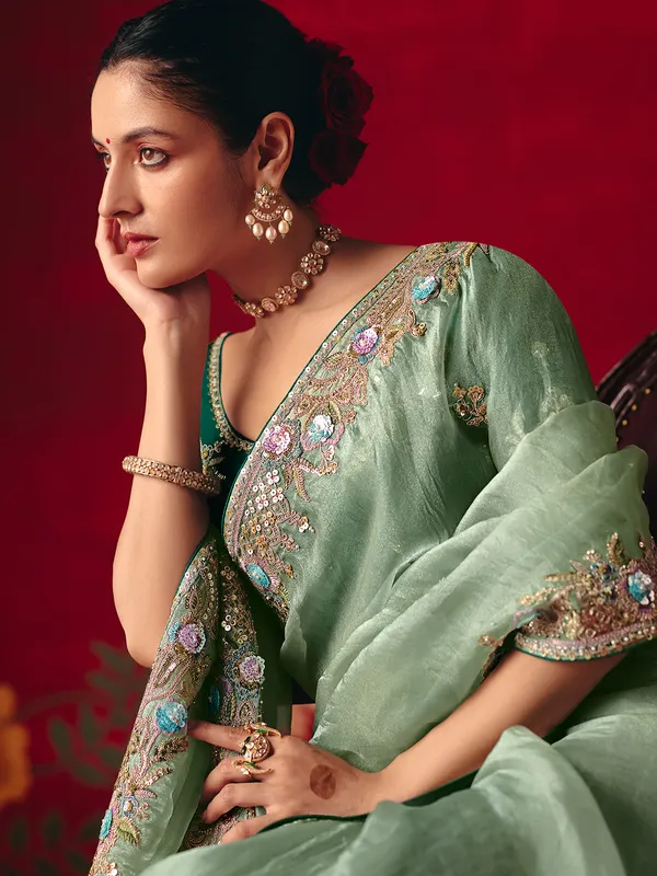 Sage green tissue organza embroidered saree-G3-WSA61588 | United...