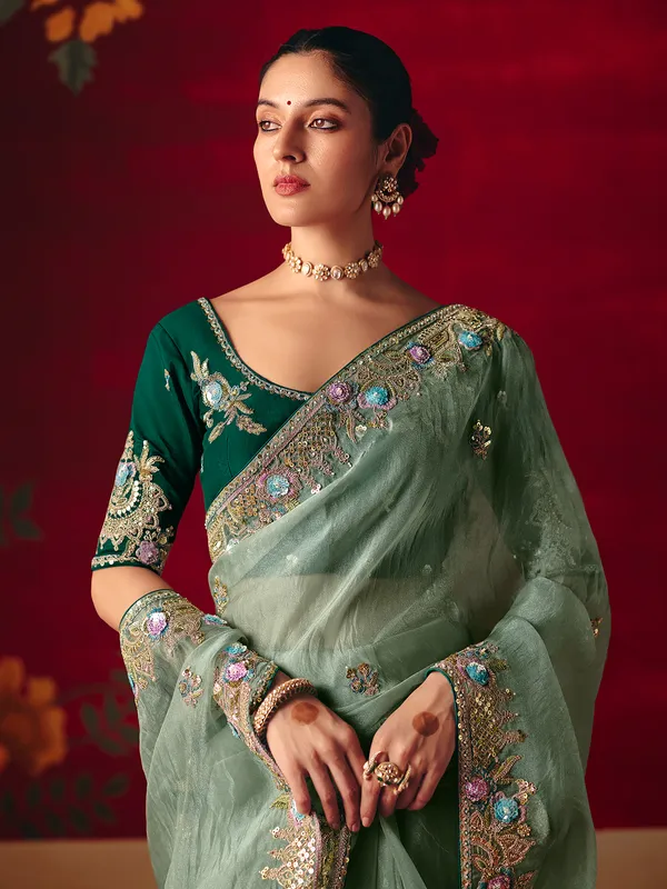 Sage green tissue organza embroidered saree-G3-WSA61588 | United...