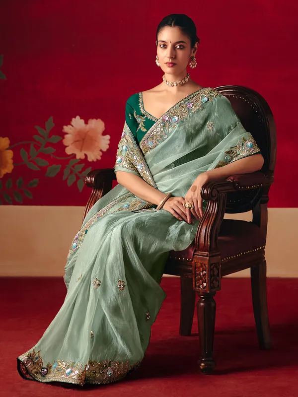 Sage green tissue organza embroidered saree-G3-WSA61588 | United...
