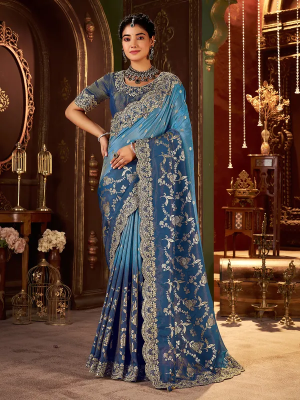 Shaded blue soft silk mirror work saree-G3-WSA61597 | Australia
