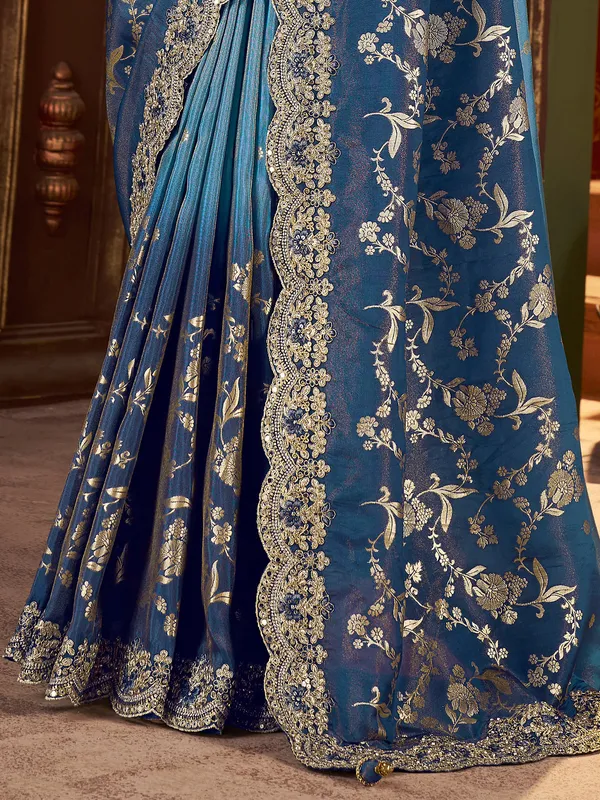 Shaded blue soft silk mirror work saree-G3-WSA61597 | Australia