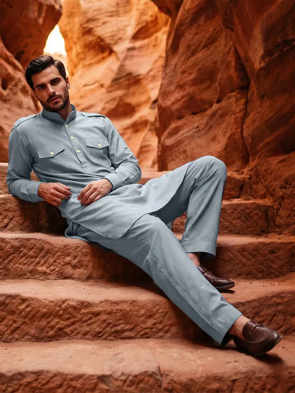 Sky blue modern mandarin collar pathani-G3-MPS4305 | United States