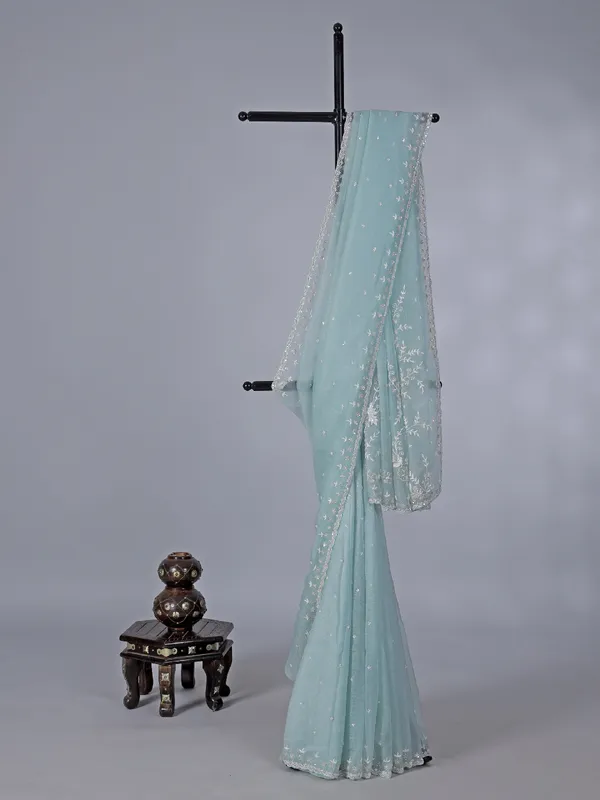 Sky blue soft organza saree with sparkling handwork-G3-WSA61001