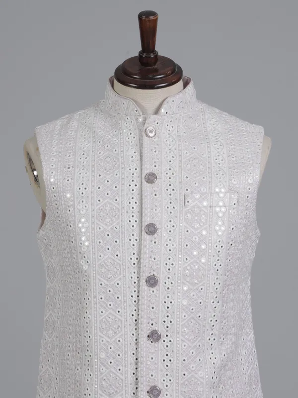 White cotton silk waistcoat with embroidery-G3-MWC2821 | Australia