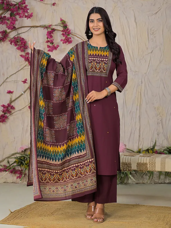 Wine cotton silk yoke style kurti set-G3-WKS962 | United States