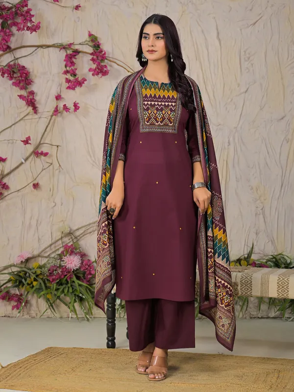 Wine cotton silk yoke style kurti set-G3-WKS962 | United Kingdom