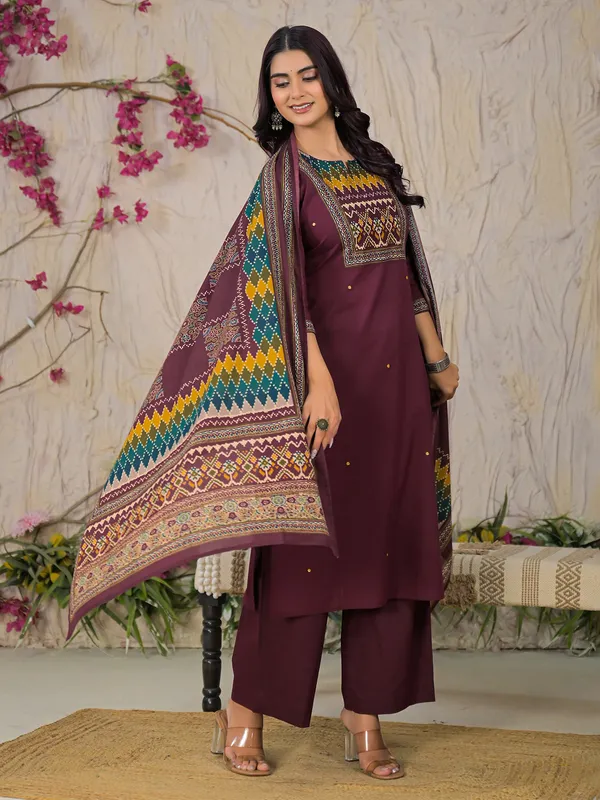 Wine cotton silk yoke style kurti set-G3-WKS962 | United States