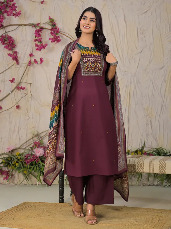 Wine cotton silk yoke style kurti set-G3-WKS962 | United Kingdom