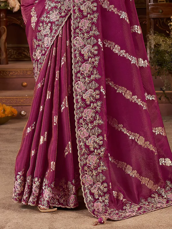 Wine soft silk zardosi and embroidered work saree-G3-WSA61572