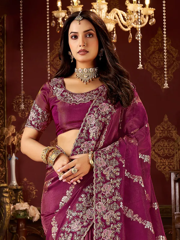 Wine soft silk zardosi and embroidered work saree-G3-WSA61572
