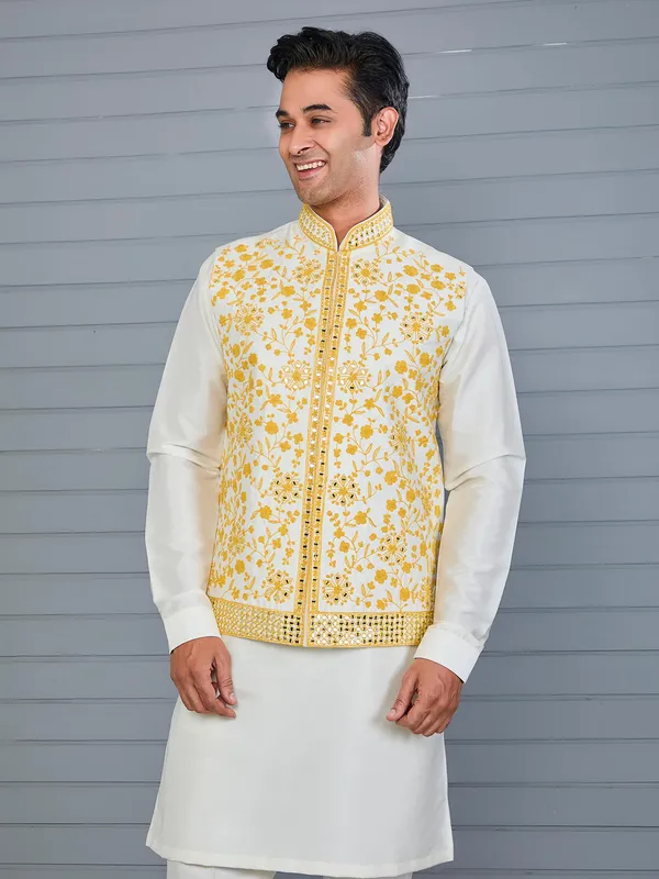 Yellow and off white silk festive waistcoat set-G3-MWCS505 | Australia