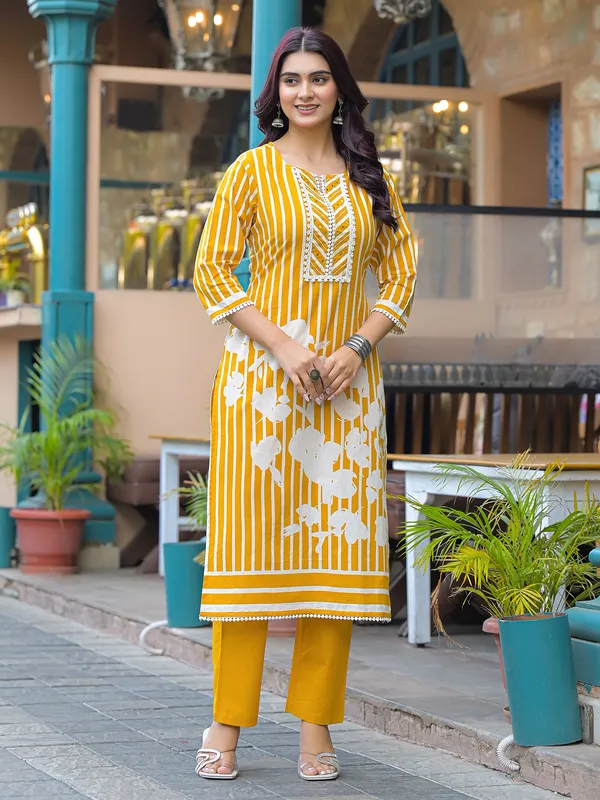 Yellow cotton kurti set with print-G3-WKS1018 | United States