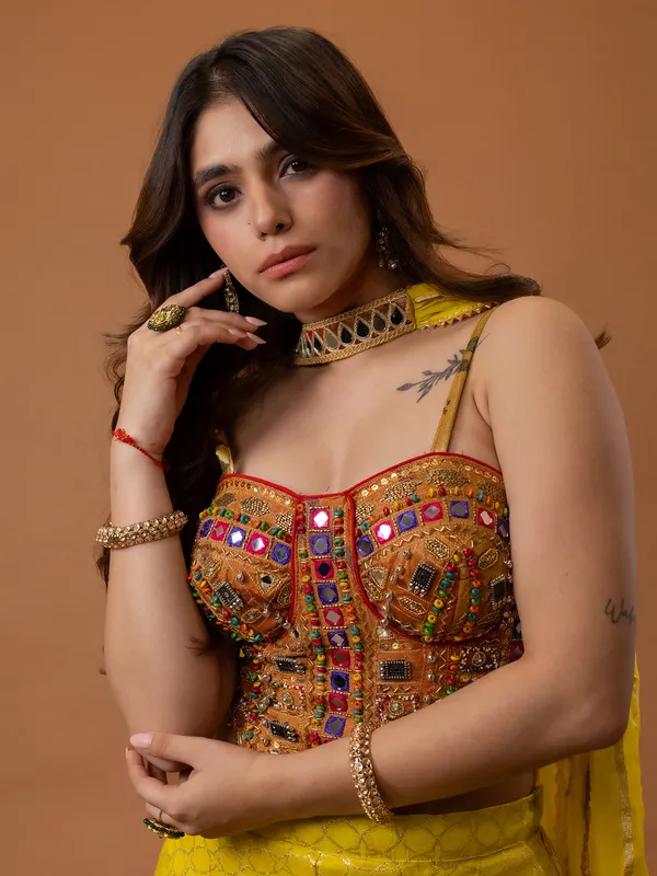 Yellow embellished cotton silk palazzo suit-G3-WSS44864