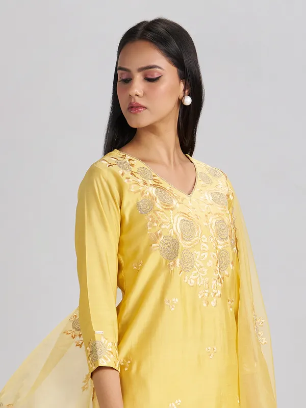 Yellow festive wear silk kurti set with embroidery-G3-WKS1014