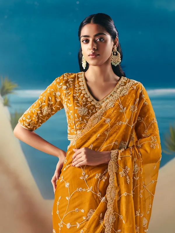 Yellow satin organza haldi ceremony saree-G3-WSA60789