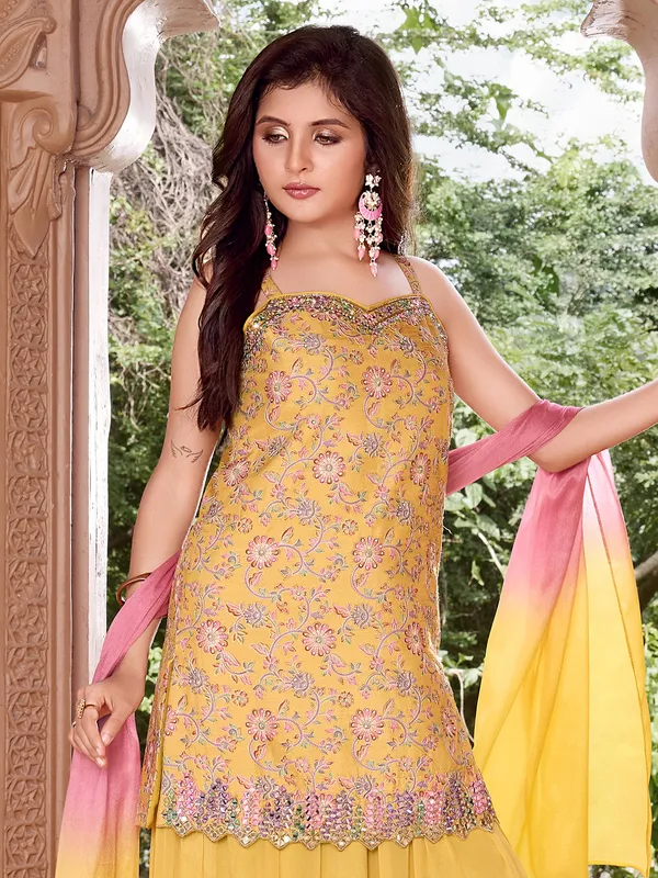 Yellow silk festive wear palazzo suit for girls-G3-GSS3578