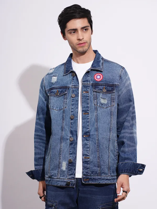 Being Human Men Blue Graphic Spread Collar Jacket