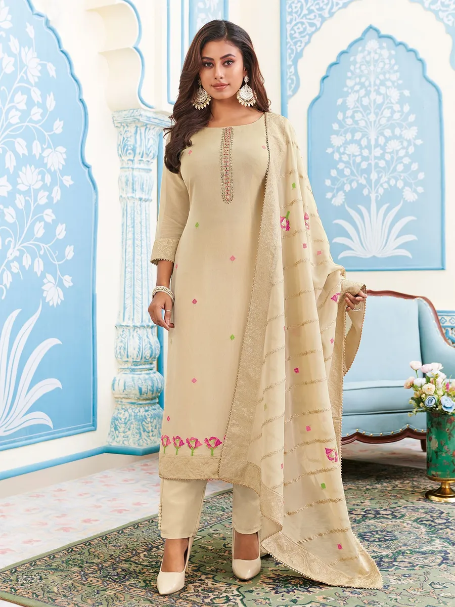 Tissue silk straight cut beige salwar suit-G3-WSS41598