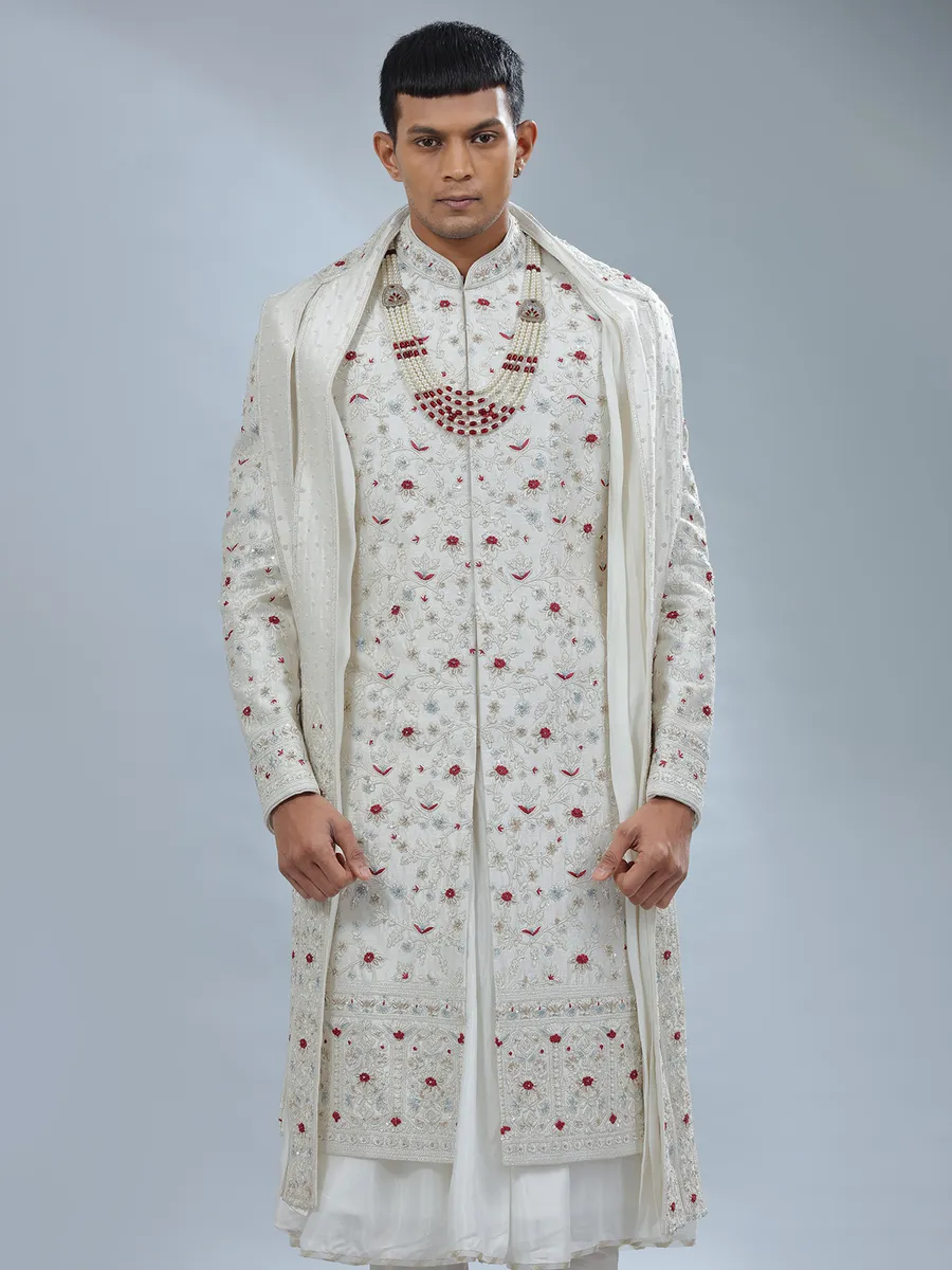 Catchy white raw silk peshwai sherwani-G3-MSH8087