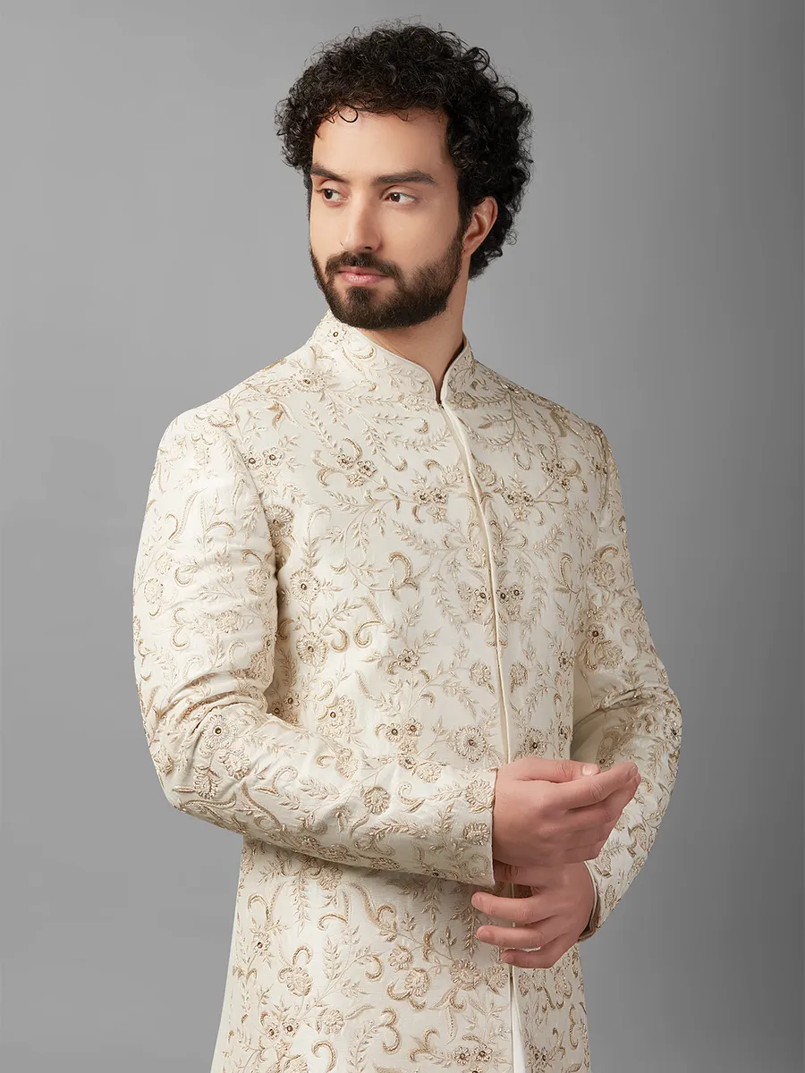 Classy off-white raw silk sherwani-G3-MSH8006