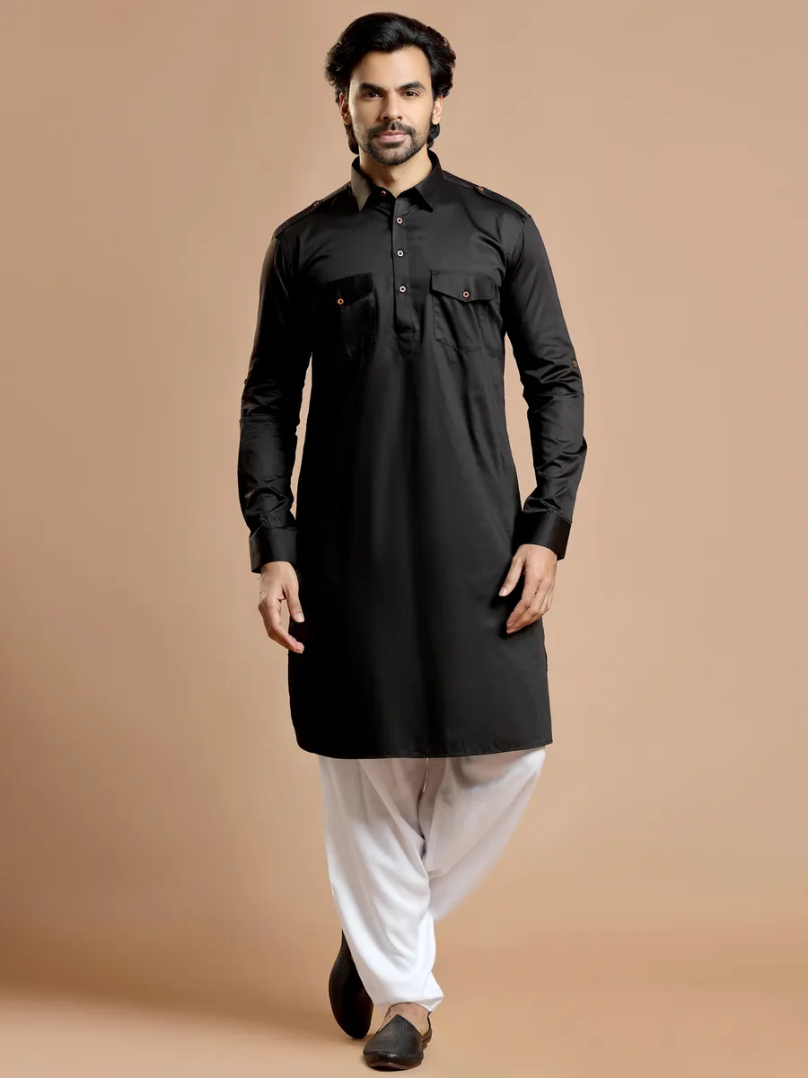 Cotton silk plain black festive pathani suit for men-G3-MKS3172
