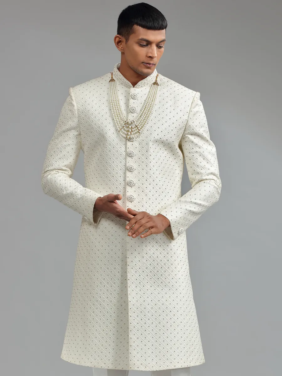 Glamorous silk white groom sherwani-G3-MSH8129 | United States