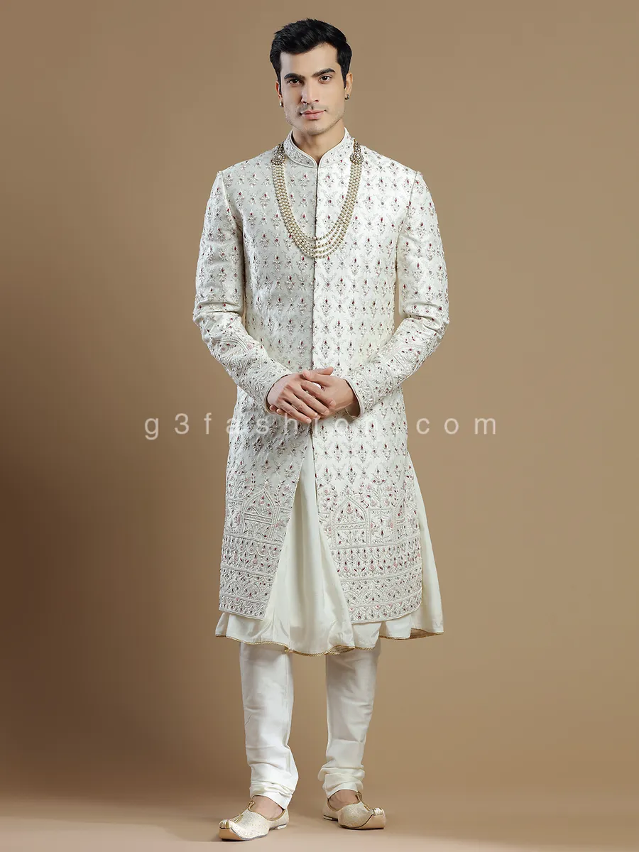Lavish groom wear raw silk sherwani in cream-G3-MSH7024