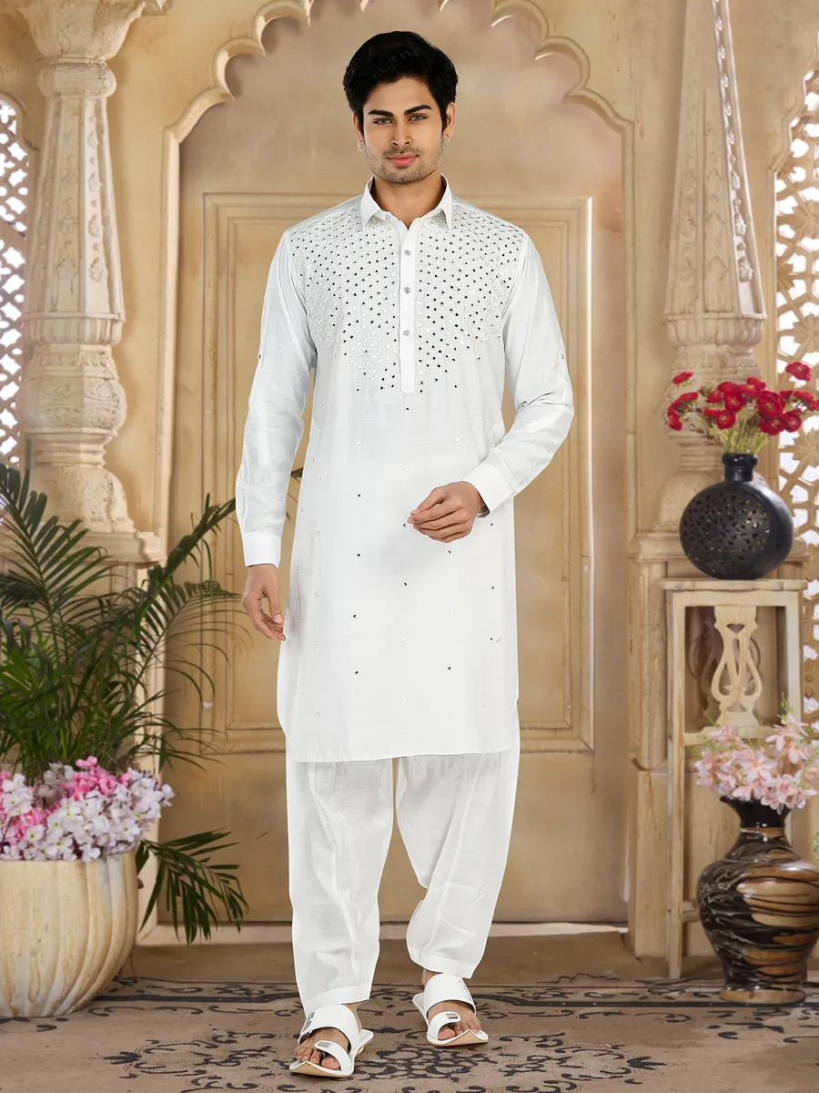 Stunning white cotton pathani suit-G3-MPS4261