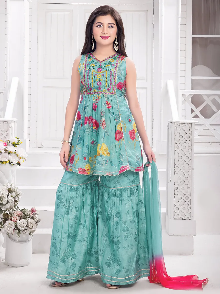 Aqua printed sharara suit for girls-G3-GSS3166