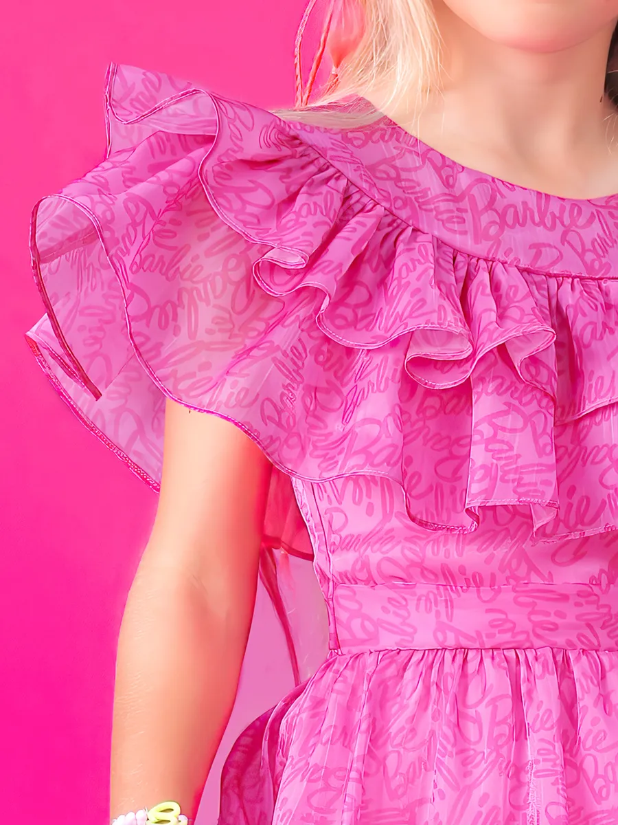 BARBIE pink printed flare frock-G3-GDR0572