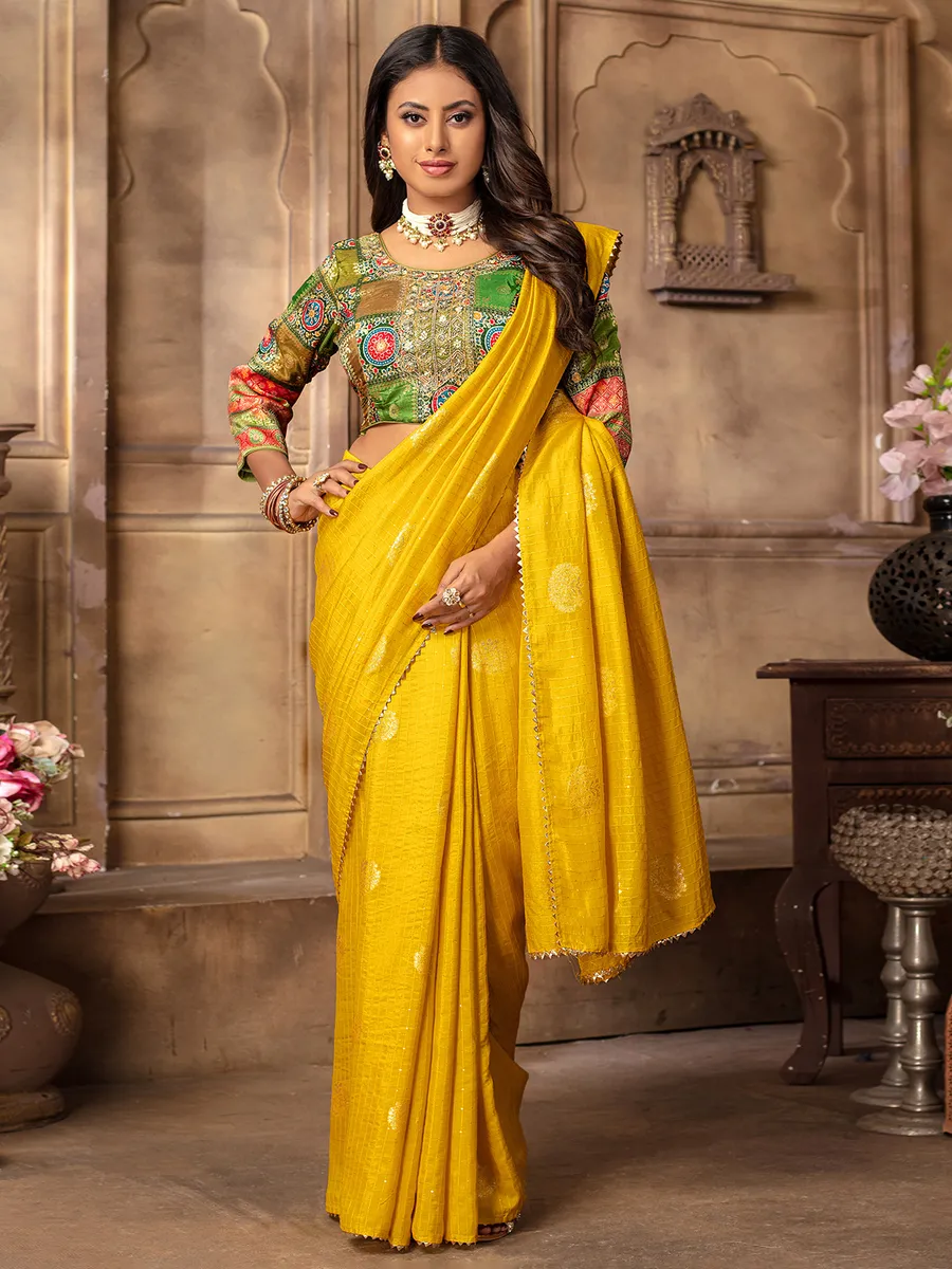 Beautiful mstard yellow dola silk saree-G3-WSA57076 | United States