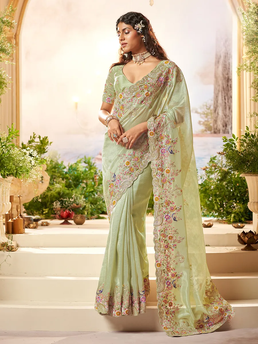 Beautiful pista green tissue silk saree-G3-WSA56560 | Canada