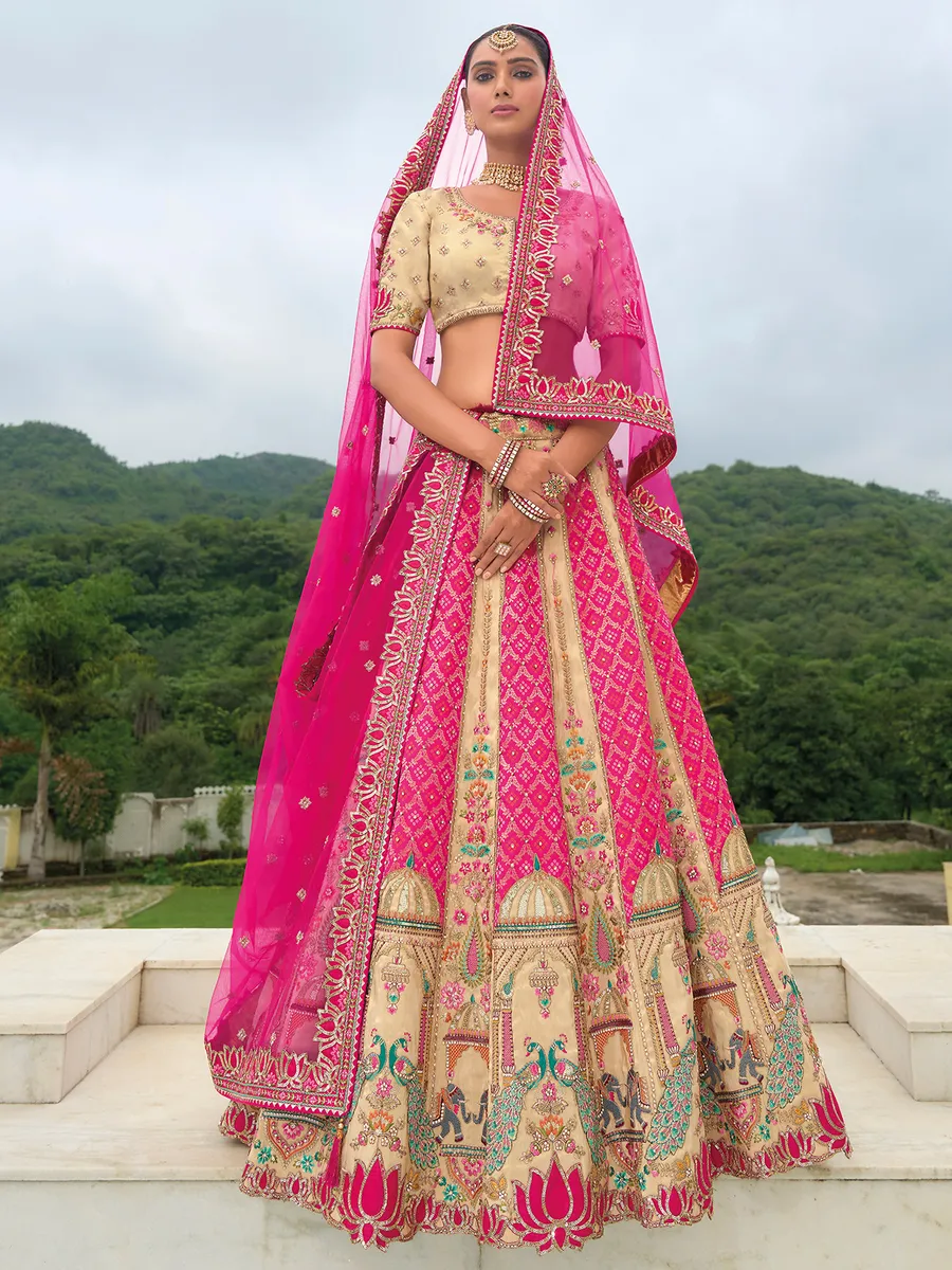 Beige and rani color silk lehenga choli-G3-WLC16248 | United States