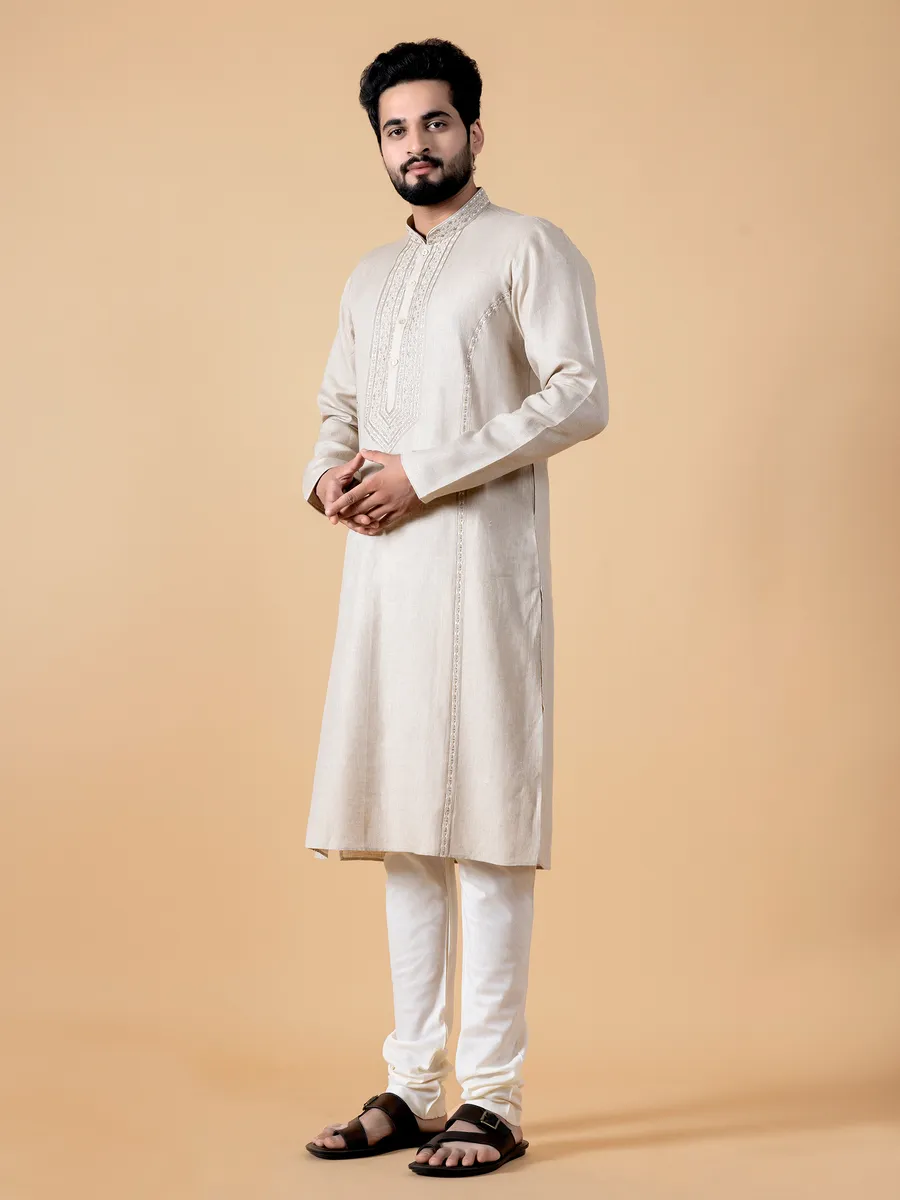 Beige linen embroidery kurta suit-G3-MKS4756 | United States