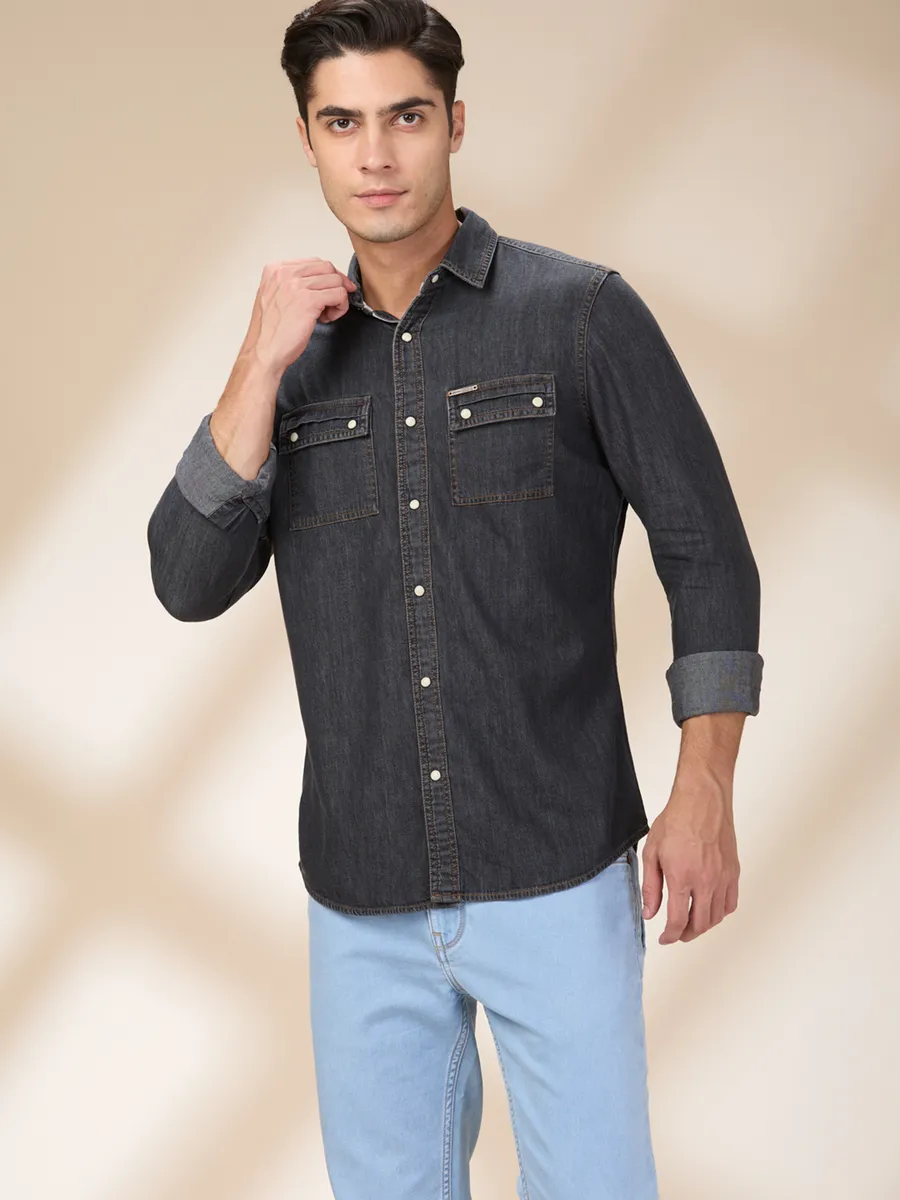 BEING HUMAN black washed denim shirt-G3-MCS15413 | United States