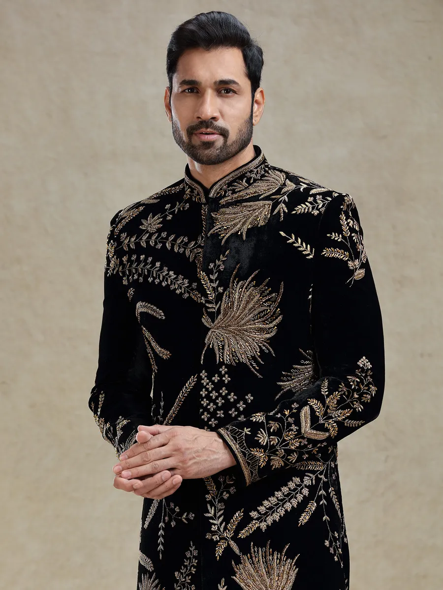 Black golden zardosi worked velvet long sherwani for men-G3-MSH8250