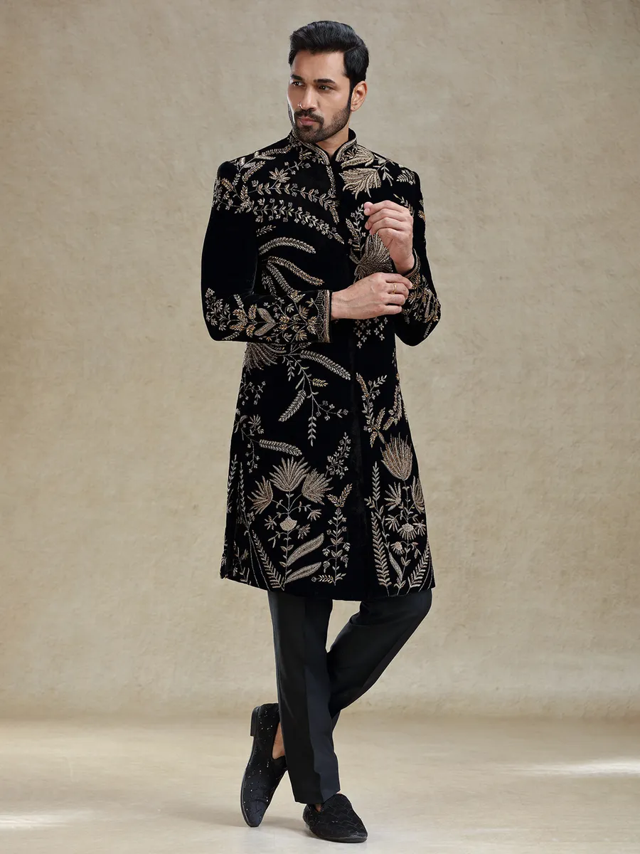 Black golden zardosi worked velvet long sherwani for men-G3-MSH8250