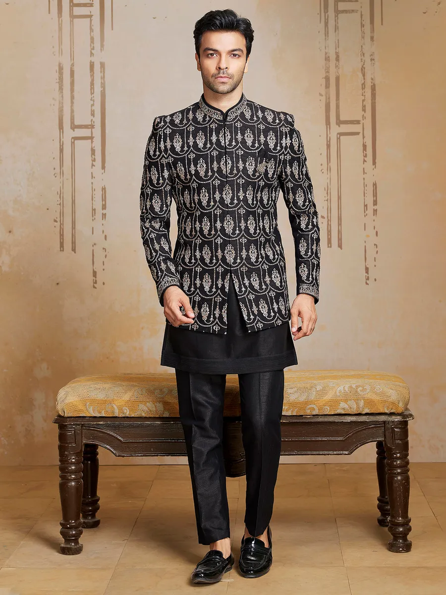 Black raw silk reception style Indowestern for men-G3-MIW8256