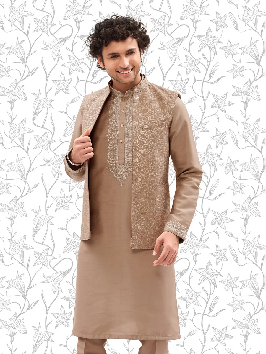 Brown cotton silk kurta jacket set for men-G3-MWCS1388
