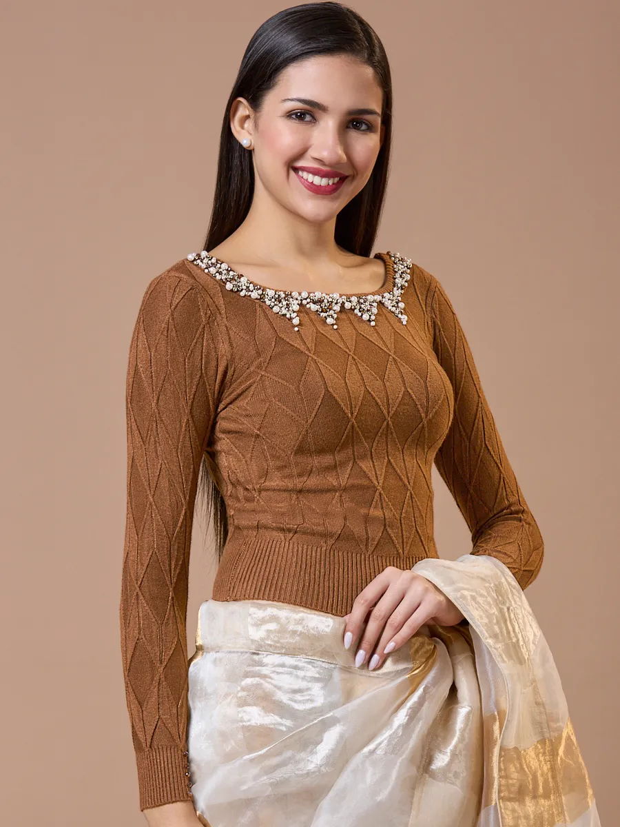 Brown knitted readymade blouse-G3-RB2153 | United States